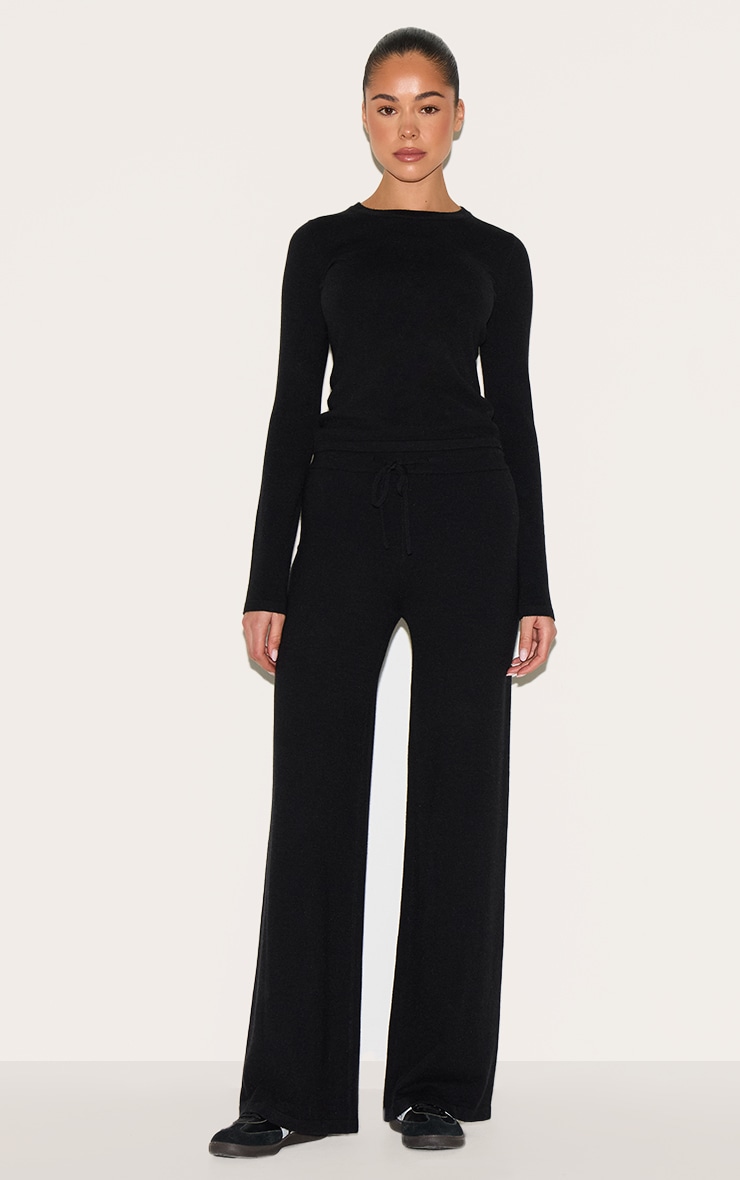 Black Soft Knit Drawstring Waist Wide Leg Pants | Knitwear ...