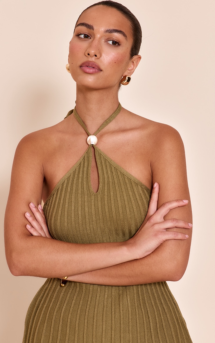 Olive Halterneck Bead Detail Knit Top | Knitwear | PLT
