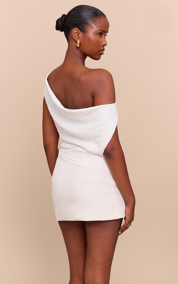 Cream Textured Slouchy Dip Hem Off Shoulder Top | Tops | PLT