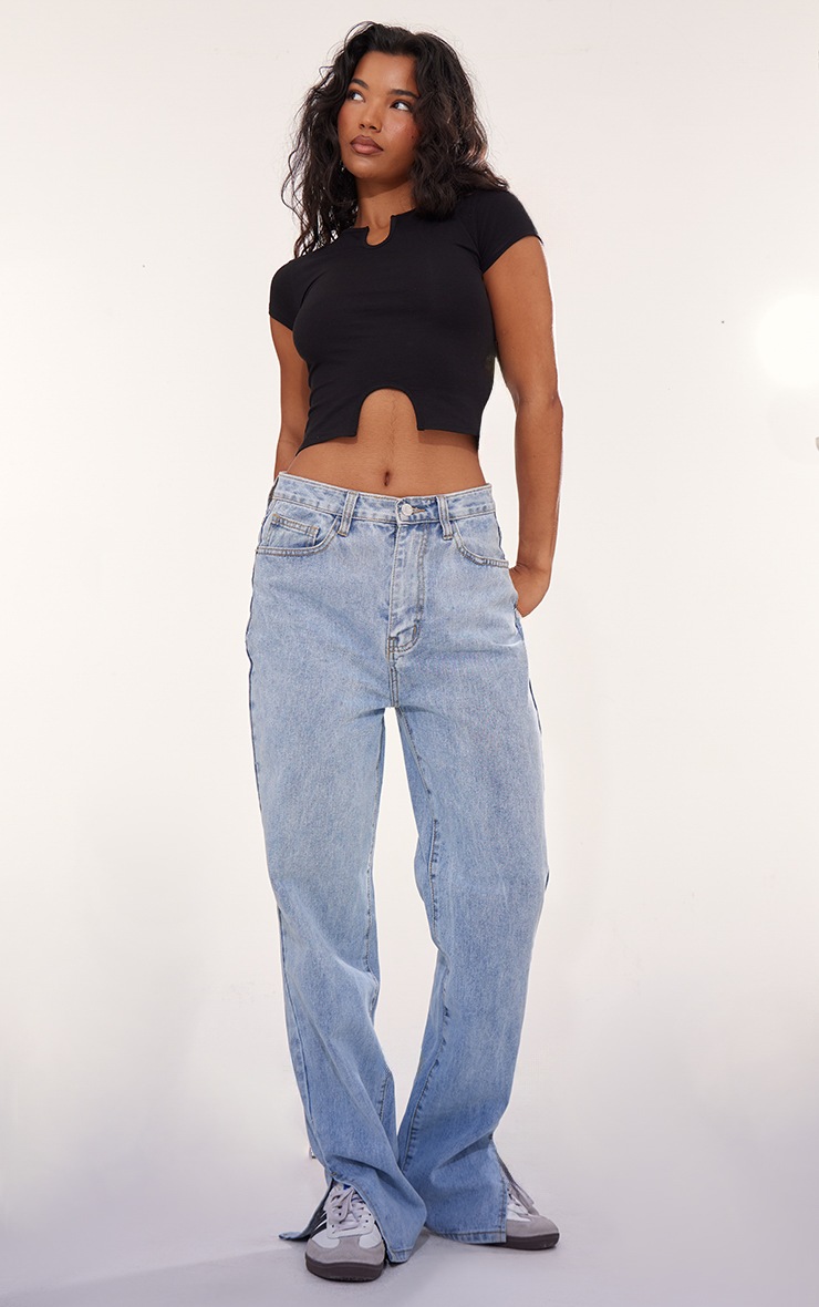 Black Modal Cotton Notch Neck Split Hem T Shirt | Tops | PLT