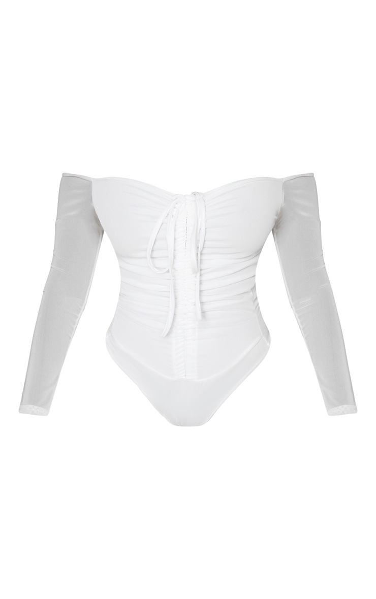 Shape White Mesh Long Sleeve Ruched Bodysuit | Shape | PLT