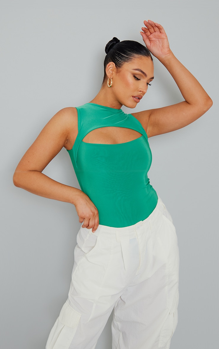 Bright Green Slinky Cut Out Front Bodysuit | Tops | PLT