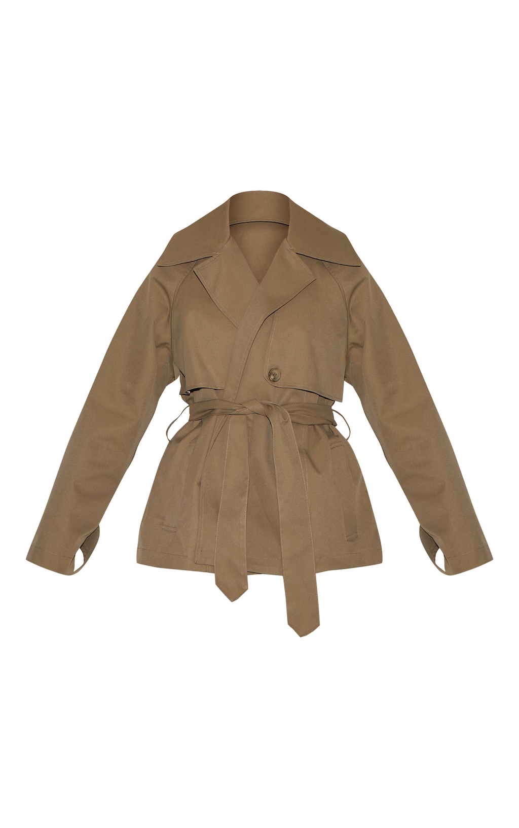 Taupe Cropped Storm Flap Detail Trench | Outerwear | PrettyLittleThing USA