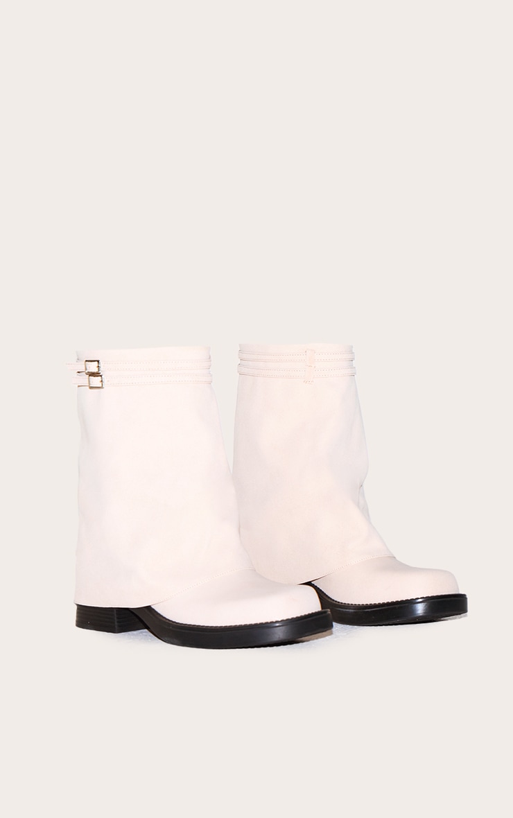 Cream Round Toe Fold Over Buckle Strap Ankle Boots | Footwear | PLT