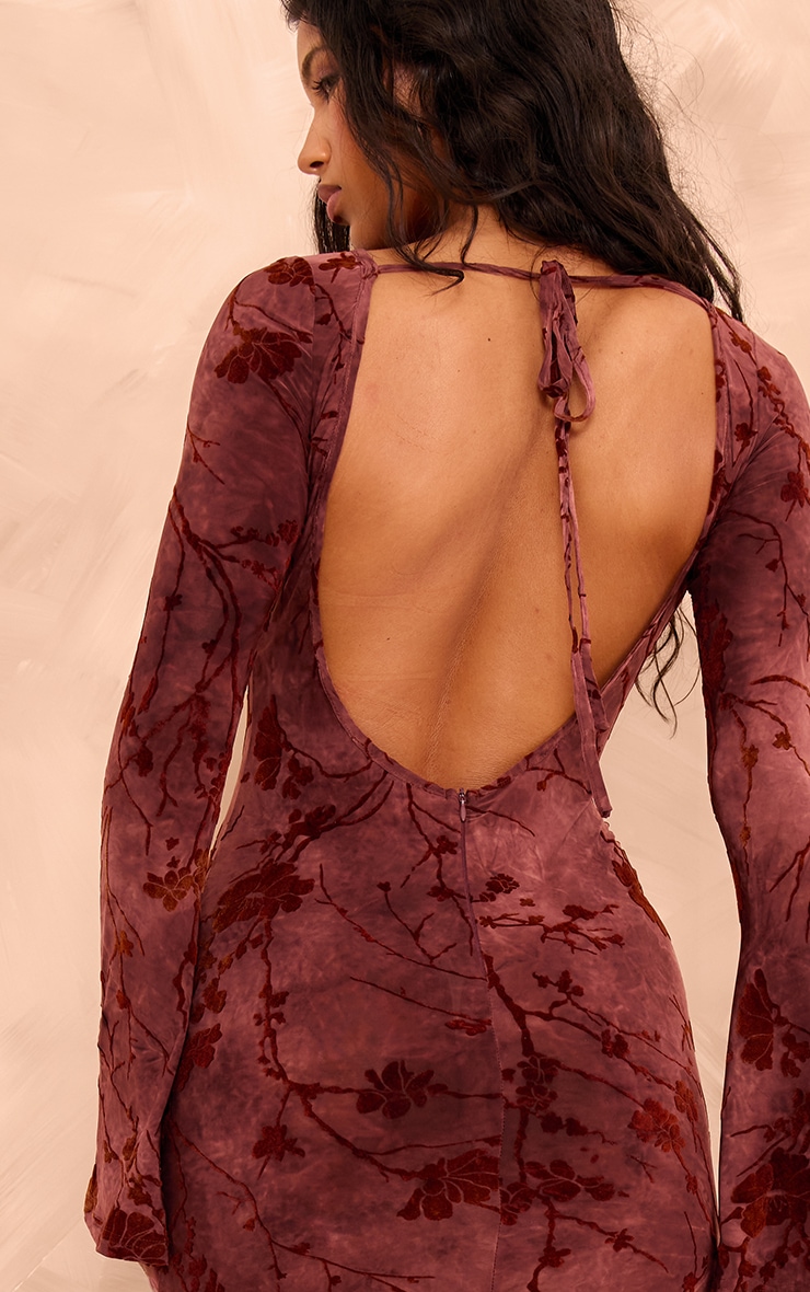 Burgundy Floral Devore Long Sleeve Maxi Dress | Dresses ...