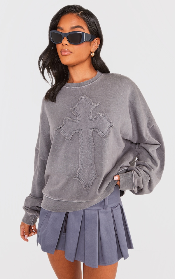 Charcoal Washed Cross Raw Edge Sweatshirt | Athleisure | PLT