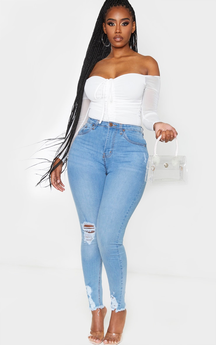 Shape White Mesh Long Sleeve Ruched Bodysuit | Shape | PLT