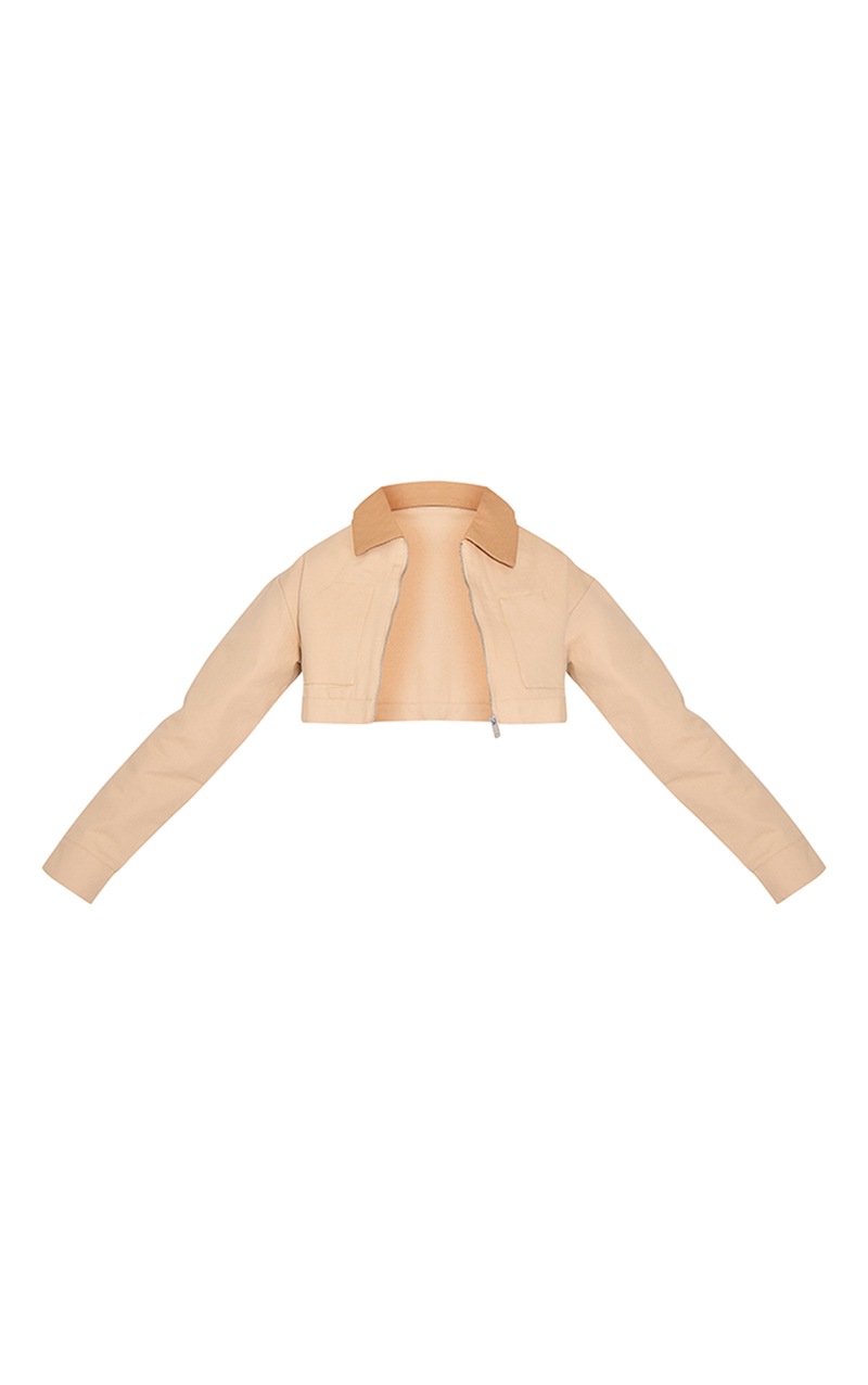 Sand Cotton Feel Contrast Collar Crop Jacket | Outerwear ...