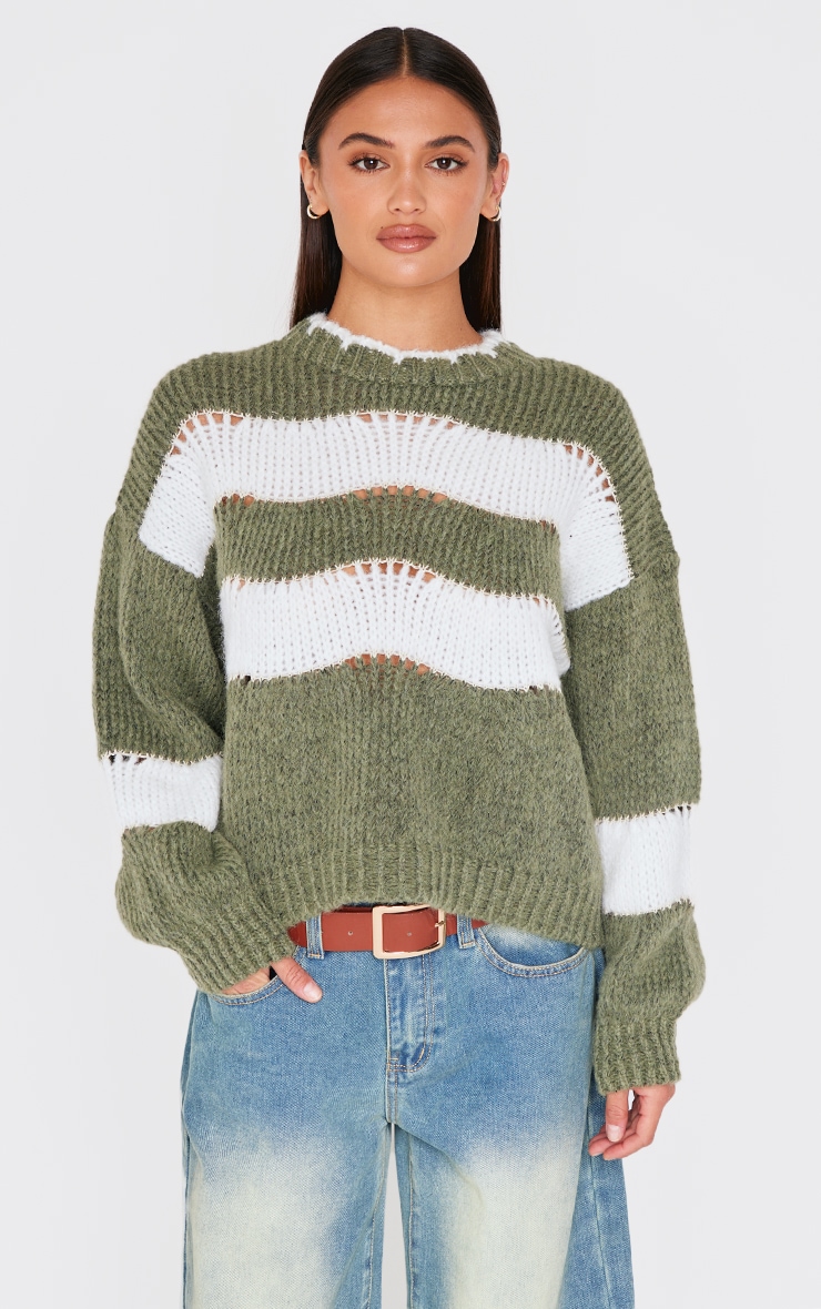Khaki Stripe Distressed Detail Chunky Knit Jumper | Knitwear | PLT