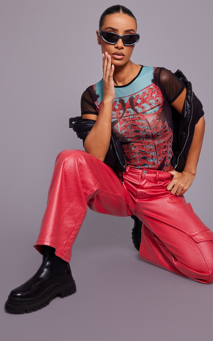 Red Printed Mesh Crew Neck Short Sleeve Bodysuit | Tops | PLT