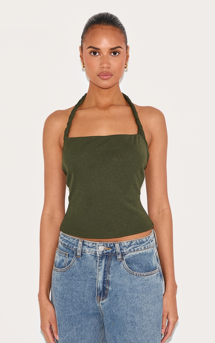 Olive Burnout Mesh Twist Halter Neck Long Top | Tops | PLT