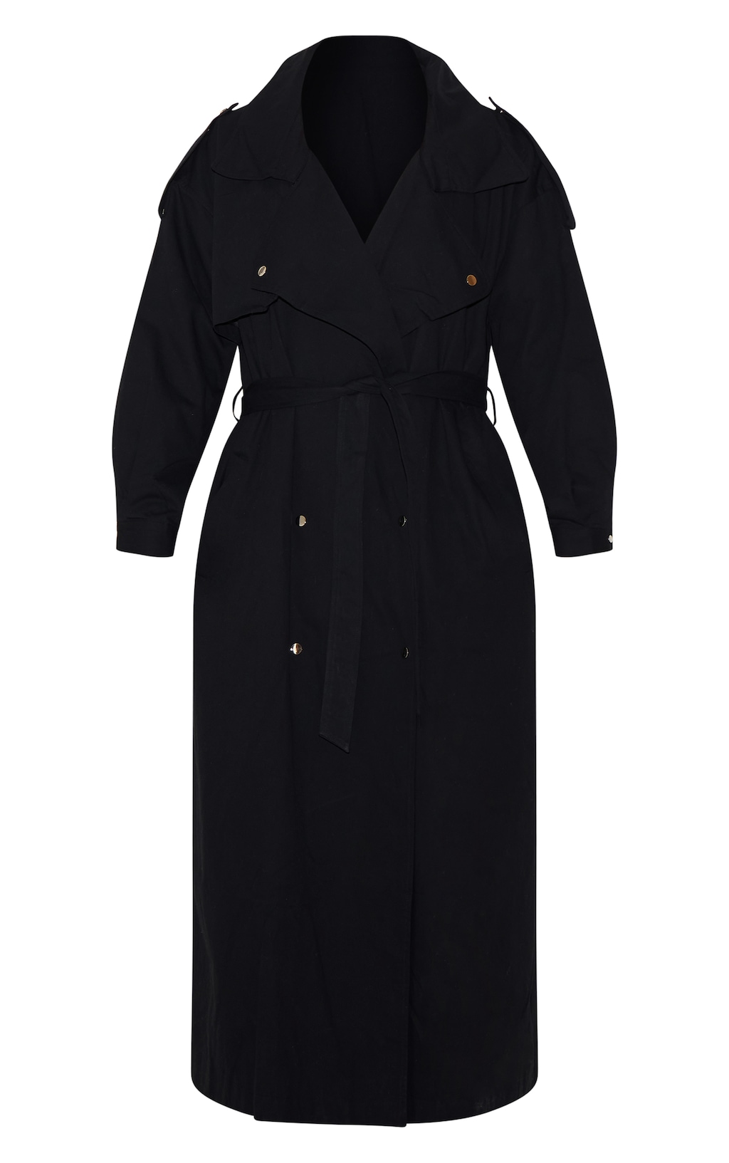 Plus Black Popper Detail Trench Coat | Plus Size | PrettyLittleThing USA
