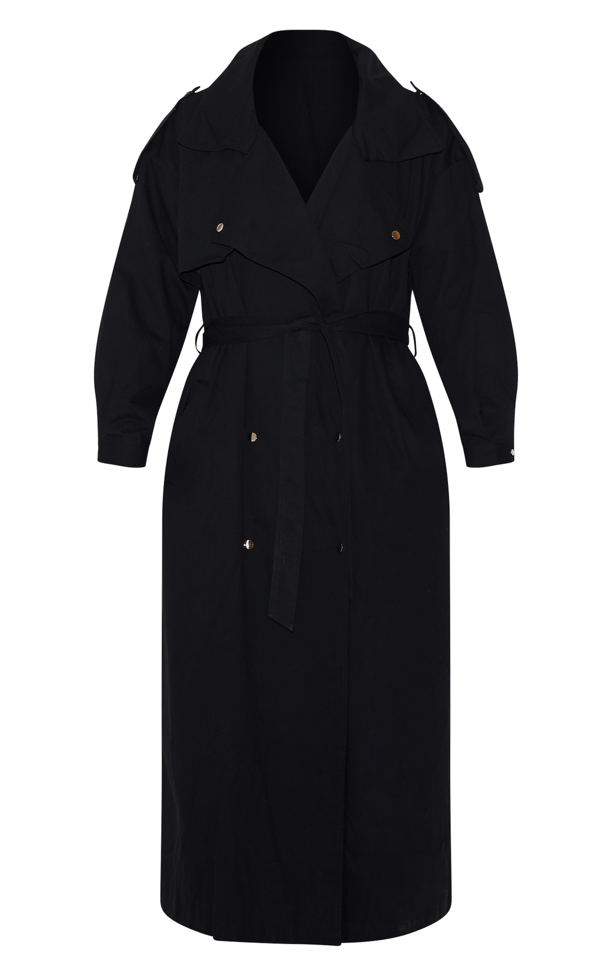 Plus Black Popper Detail Trench Coat | Plus Size | PrettyLittleThing USA