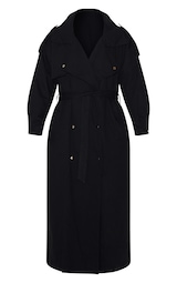 Plus Black Popper Detail Trench Coat | Plus Size | PrettyLittleThing USA