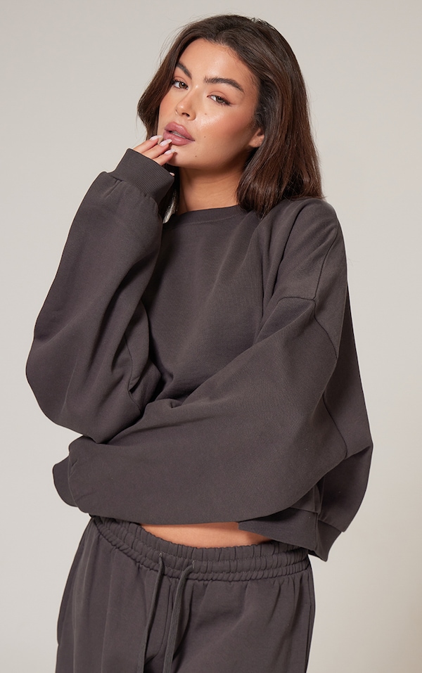 PLT Charcoal Premium Studio Print Boxy Sweatshirt | Athleisure | PrettyLittleThing USA