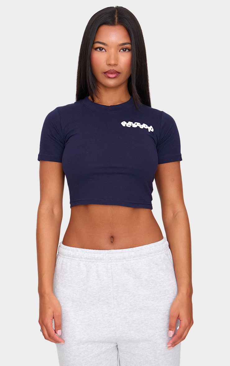 PLT Navy Studio Cotton Puff Print Crop Top | Sweat | PrettyLittleThing AUS