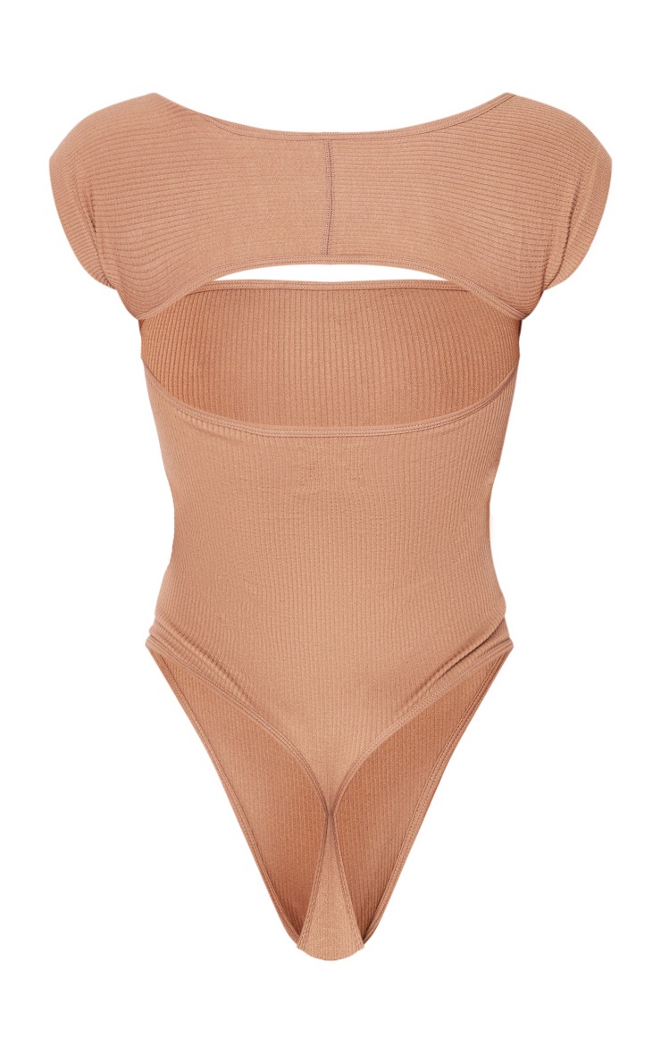 Petite Brown Rib Cut Out Short Sleeve Bodysuit | Petite | PLT