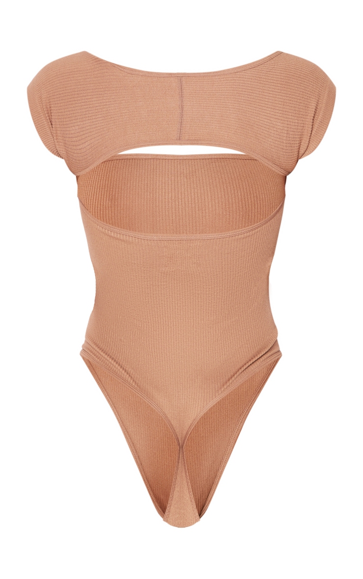 Petite Brown Rib Cut Out Short Sleeve Bodysuit | Petite | PLT