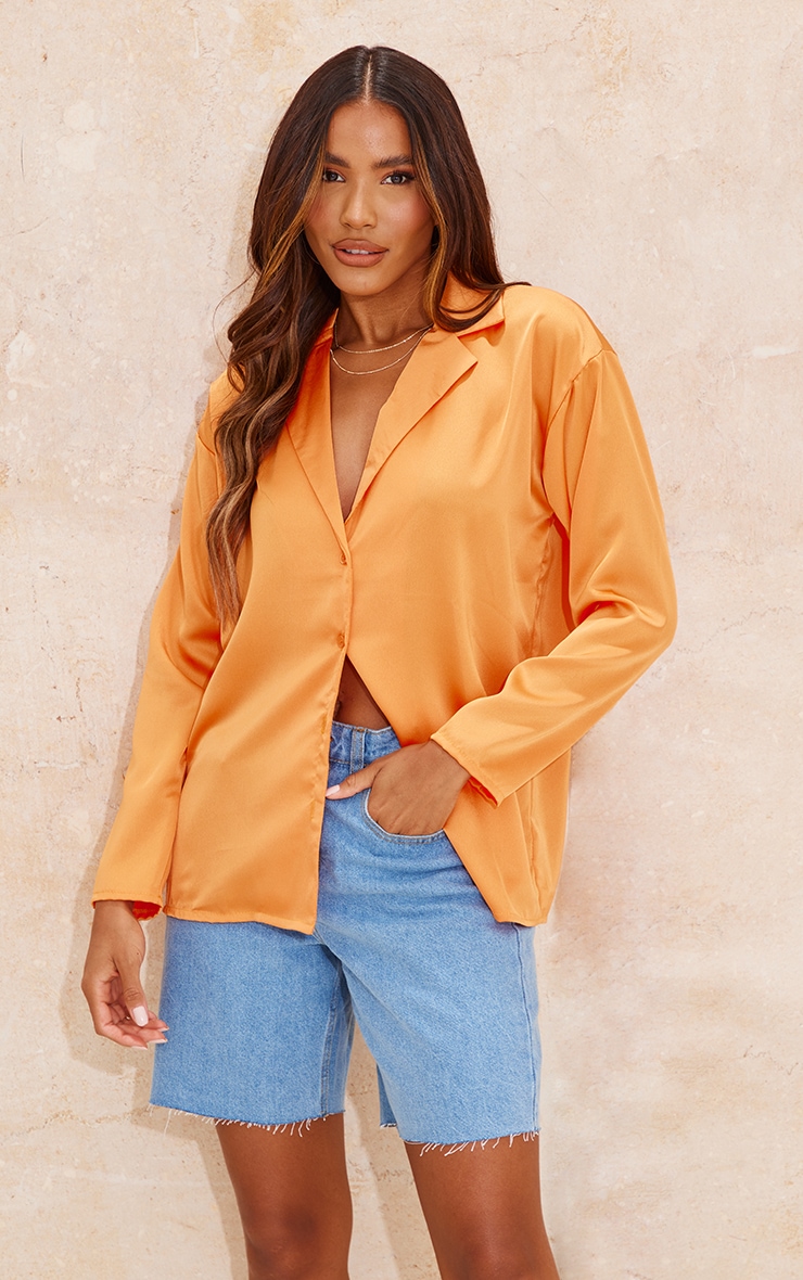 Orange Satin Button Up Shirt | Tops | PrettyLittleThing QA