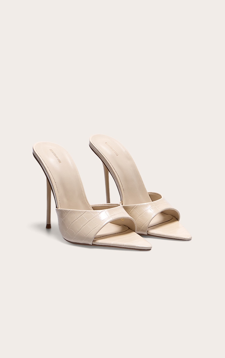Cream Croc Pu Point Toe High Stiletto Heeled Mules | Footwear | PLT