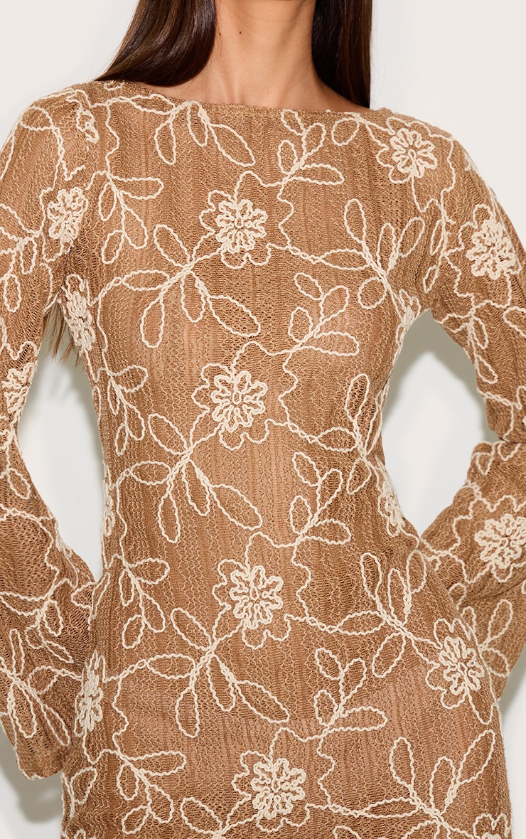 Tan Textured Floral Long Sleeve Shift Dress | Dresses | PLT USA