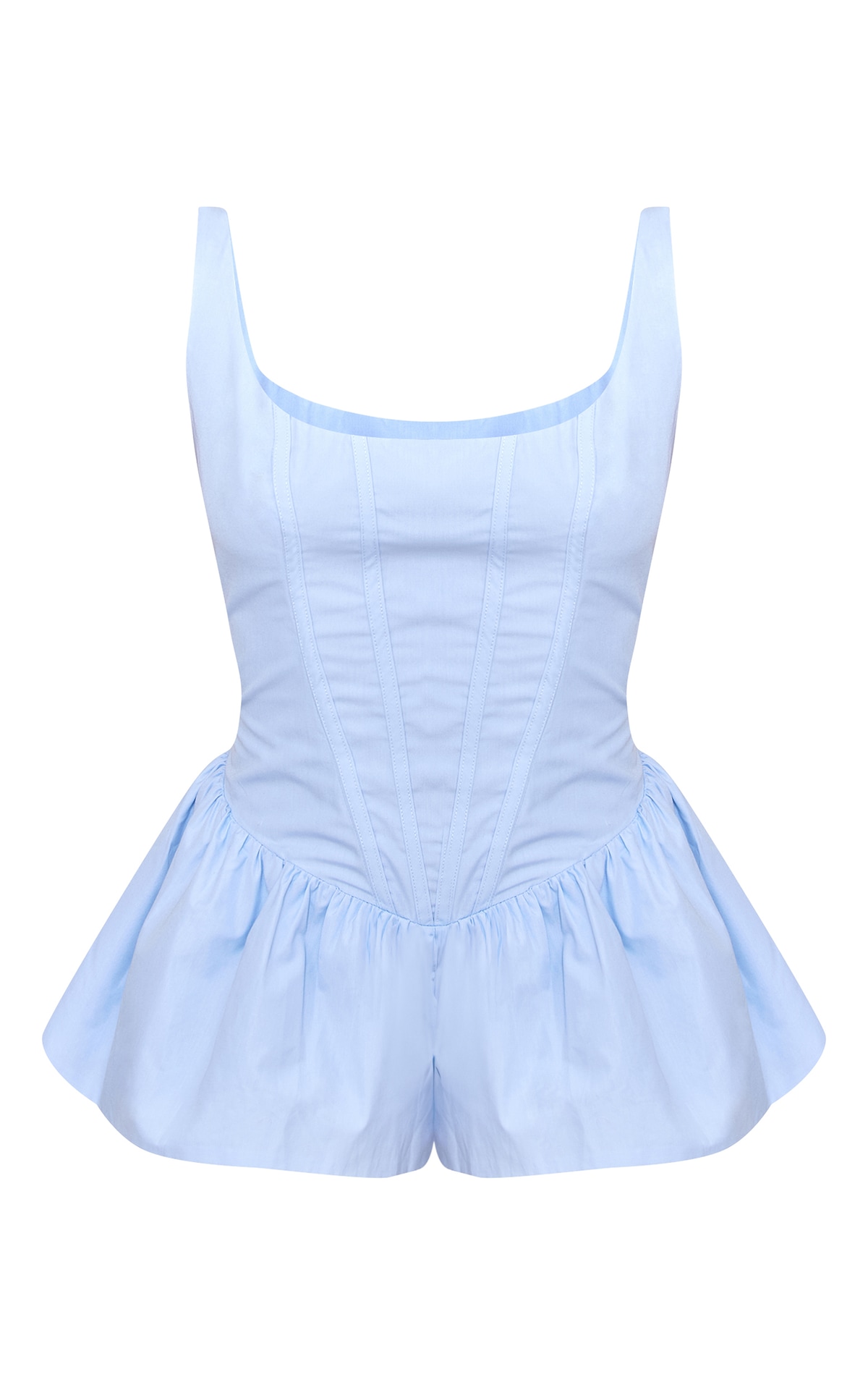 Baby Blue Woven Corset Detail Floaty Playsuit | Dresses | PLT