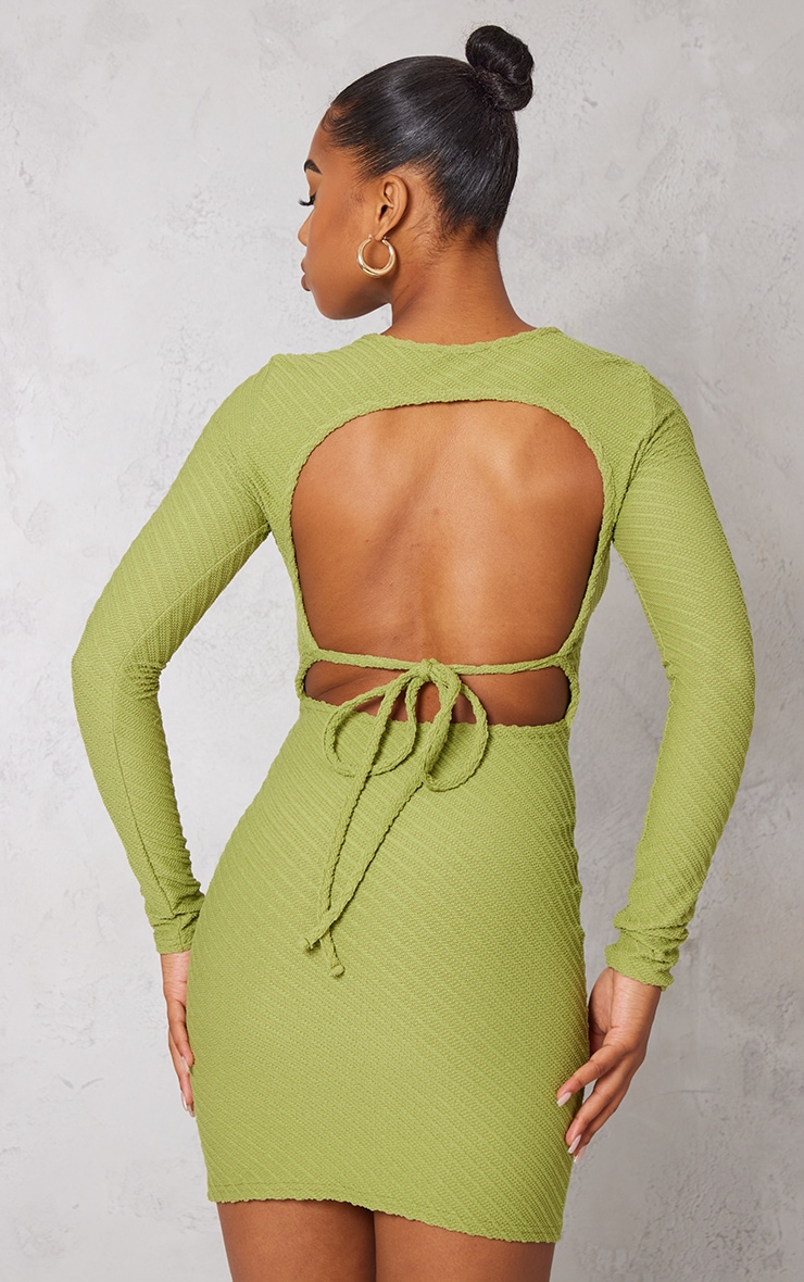 Olive Textured Open Tie Back Bodycon Dress | PrettyLittleThing AUS
