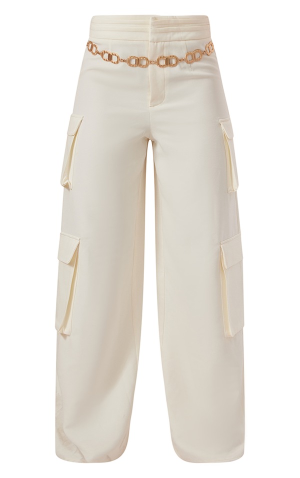 Cream Ripple Waistband Tailored Wide Leg Pants | Bottoms | PLT USA