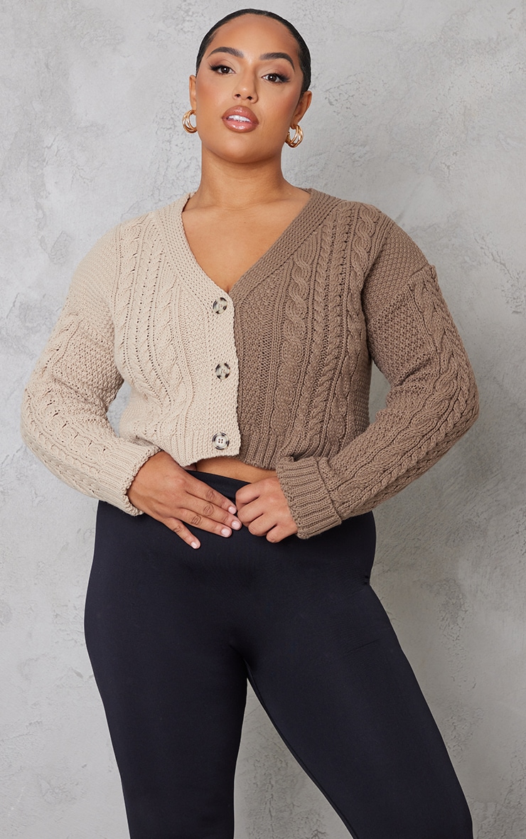 Plus Beige Contrast Cable Knitted Cardigan | PrettyLittleThing USA