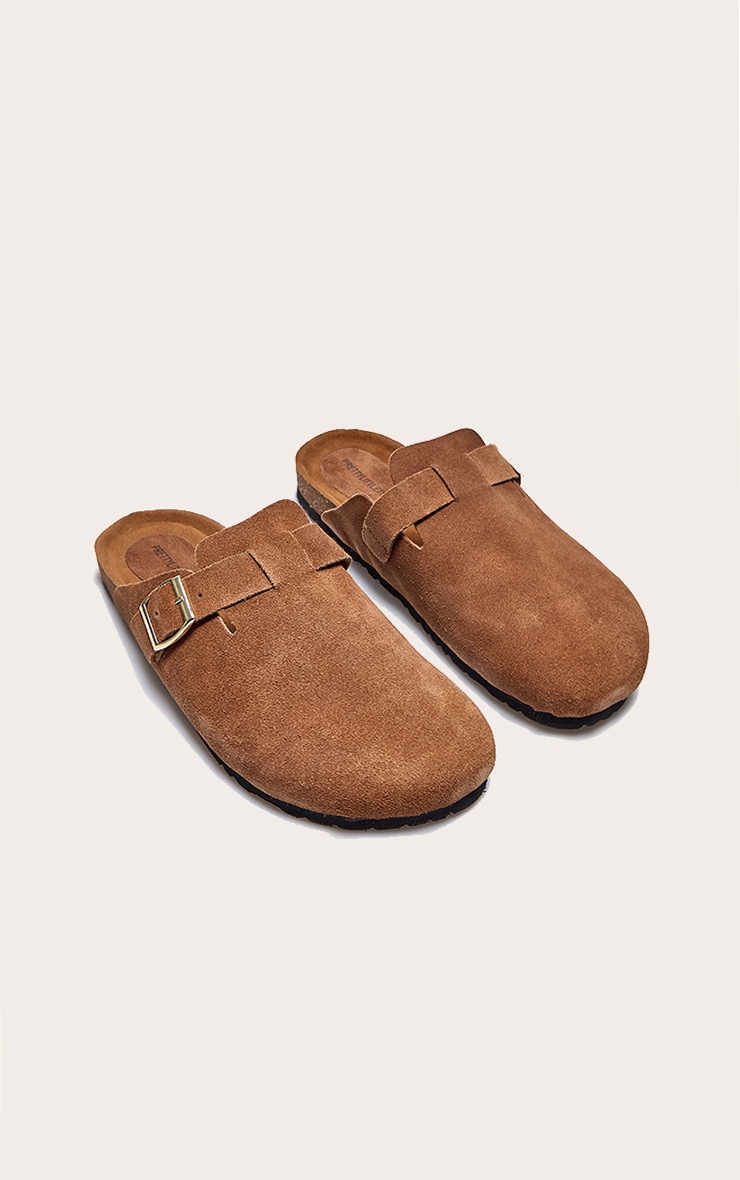Tan Real Suede Leather Round Toe Buckle Slip Clog | Footwear | PLT