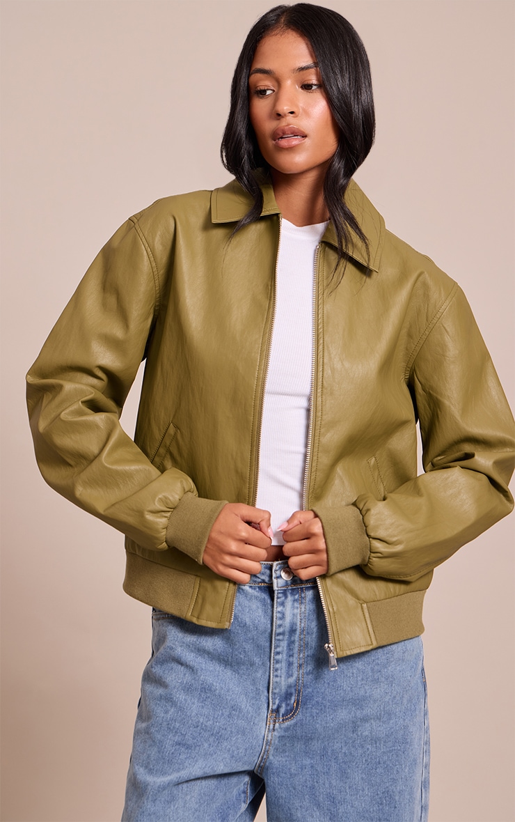 Tall Olive Faux Leather Bomber Jacket | Tall | PLT IRE