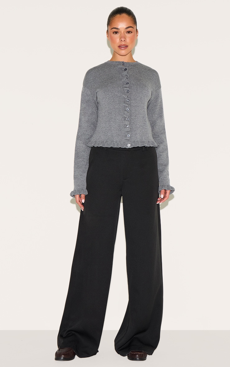 Grey Knit Ruffle Detail Cardigan | Knitwear | PLT