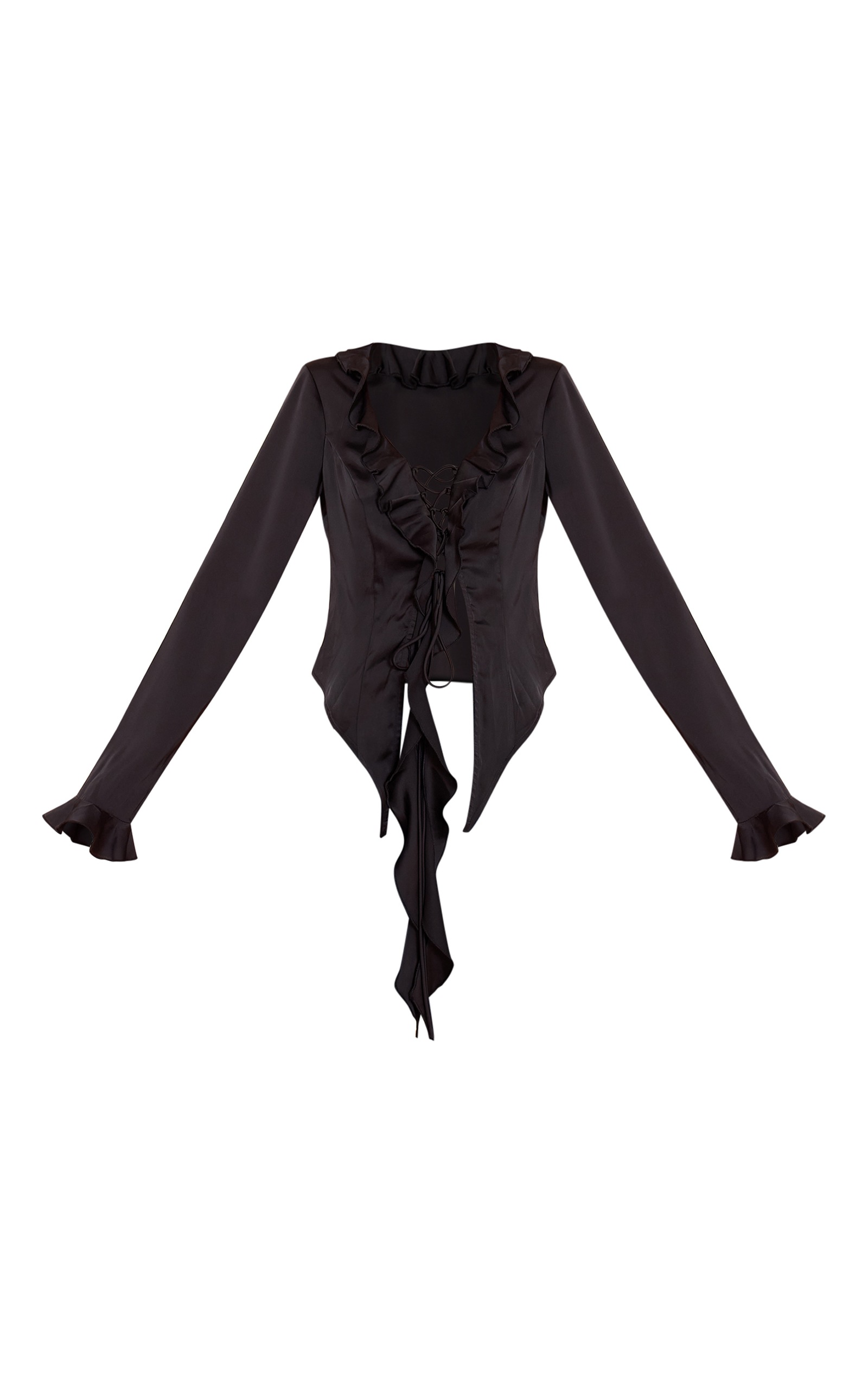 Black Satin Frill Tie Front Long Sleeve Top | Tops | PrettyLittleThing USA