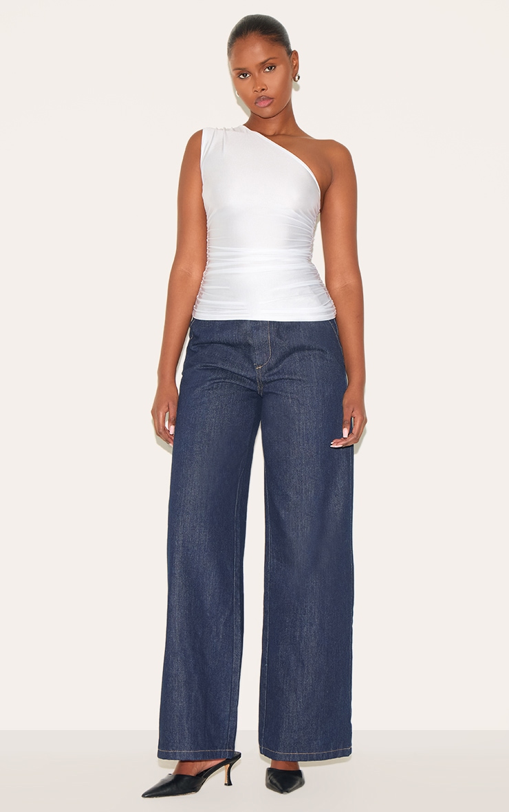 White Stretch Slinky Ruched Side Long Top | Tops | PLT