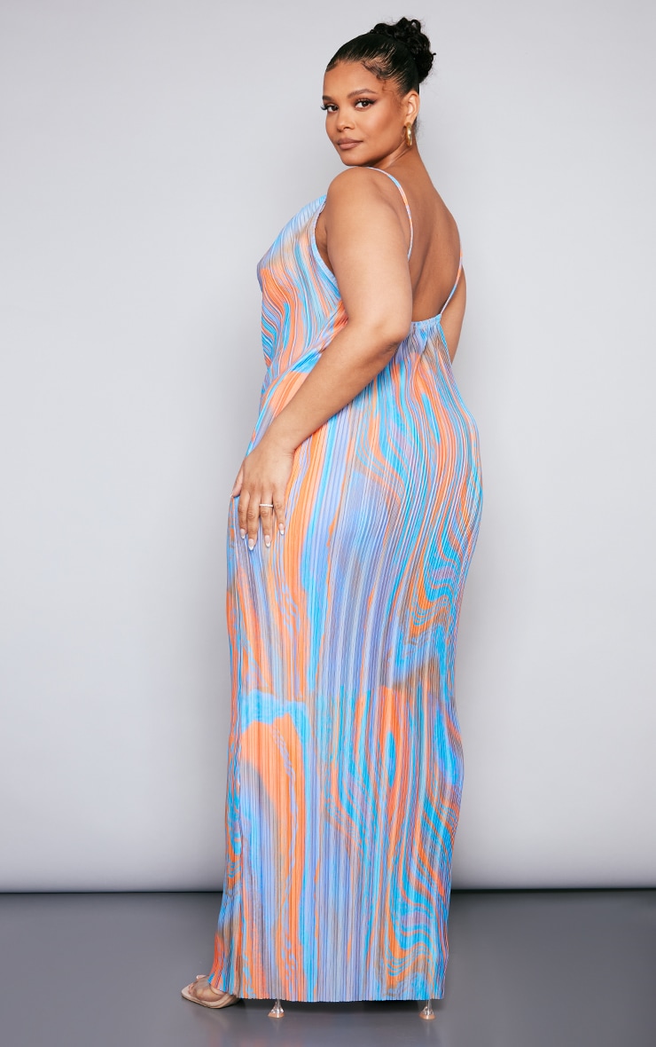 Plus Blue Marble Plisse Cowl Neck Maxi Dress | PrettyLittleThing