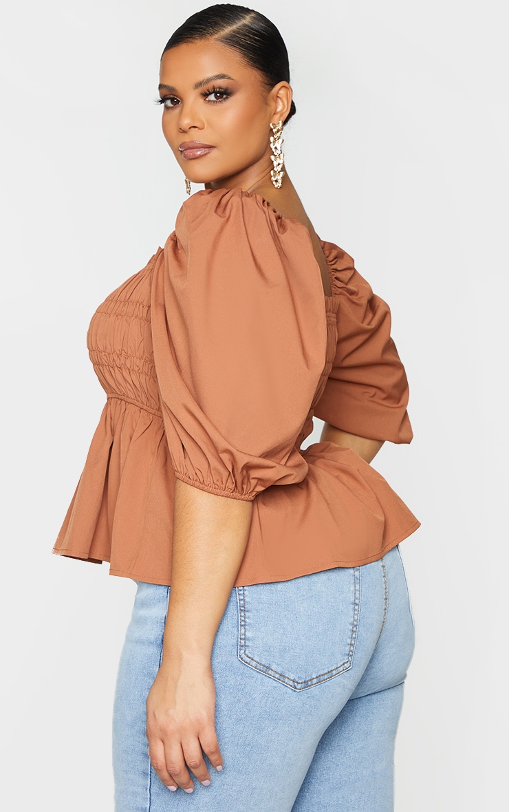 Plus Brown Shirred Puff Sleeve Blouse | Plus Size | PLT
