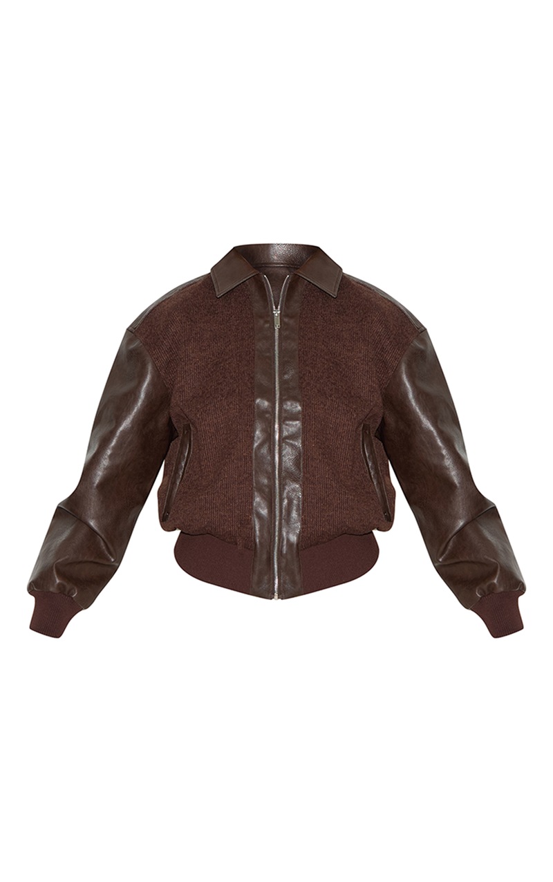 Brown Faux Leather Contrast Jacket | Outerwear | PrettyLittleThing