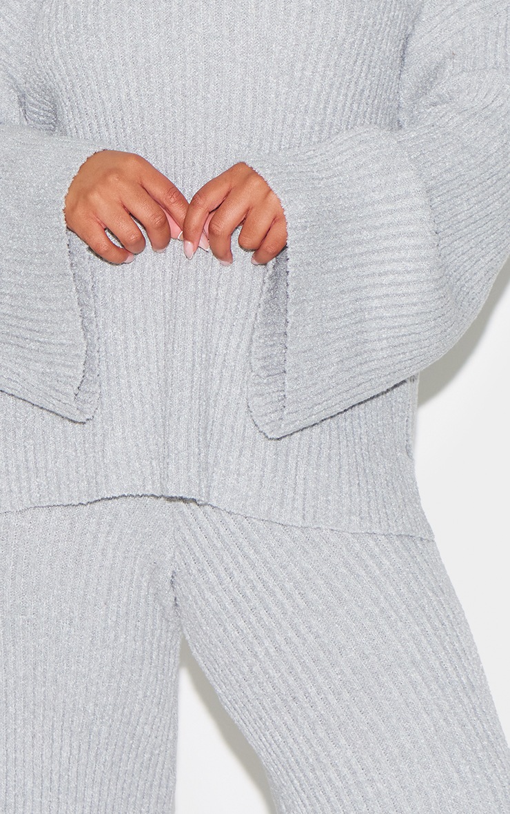 Plus Ash Grey Rib Boucle Knit Wide Leg Trouser | Plus Size ...