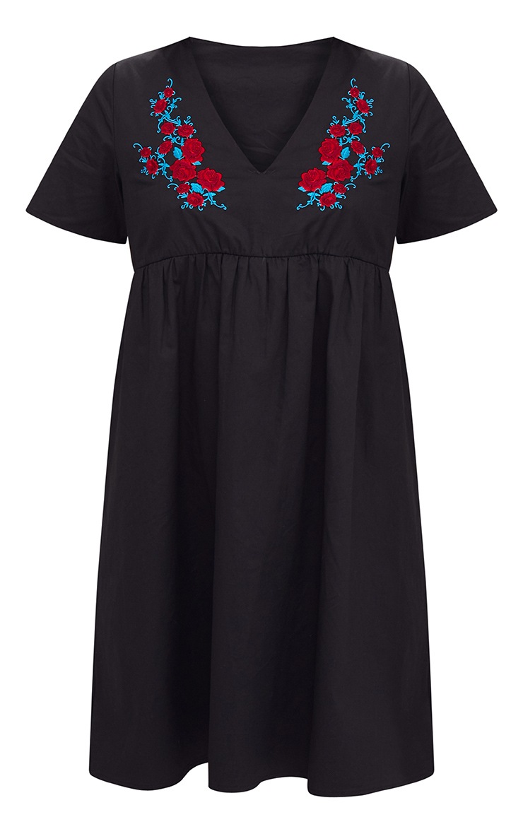 Black Poplin Embroidered Smock Dress | PrettyLittleThing USA
