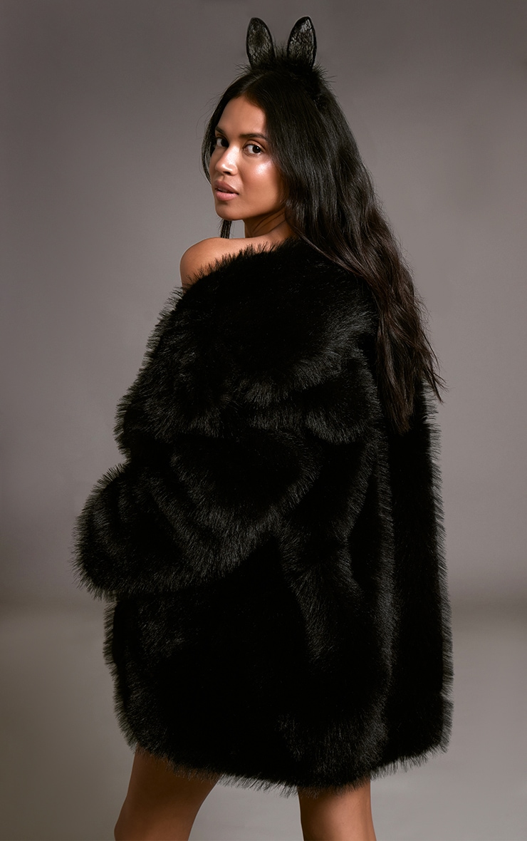 Black Oversized Midi Faux Fur Coat | Outerwear | PLT