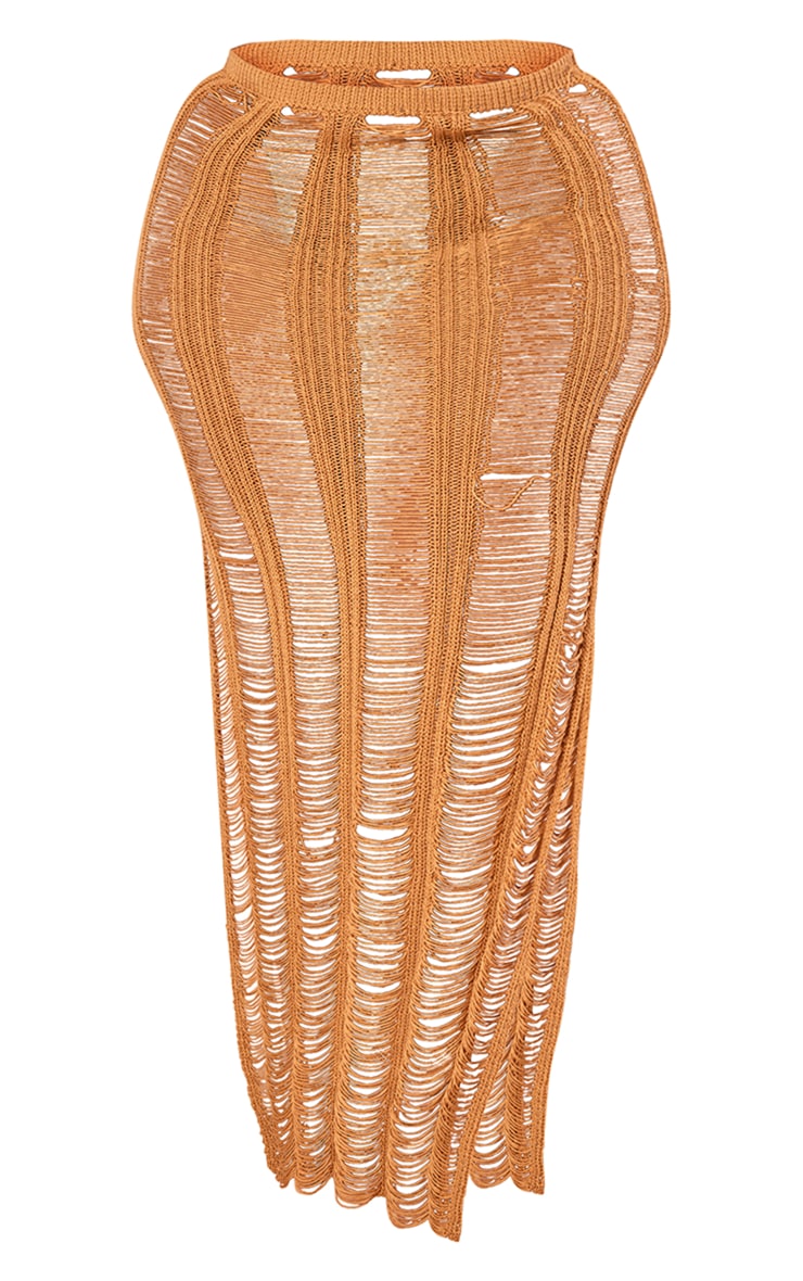 Plus Tan Distressed Knitted Midaxi Skirt | PrettyLittleThing CA