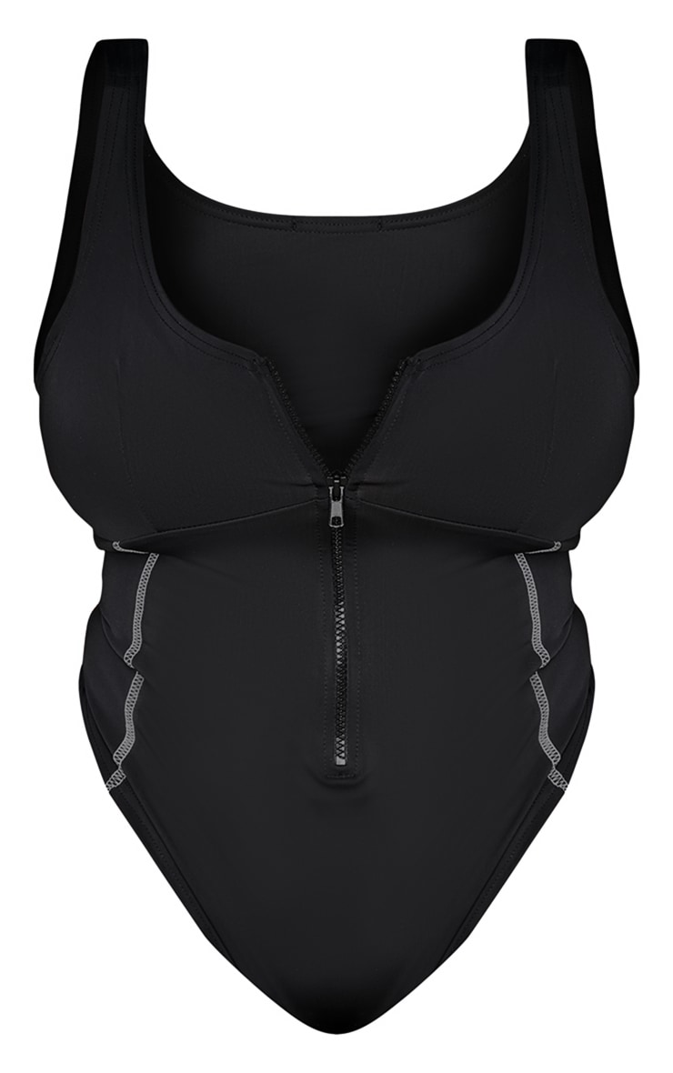Plus Black Zip Up Seam Detail Swimsuit | PrettyLittleThing QA