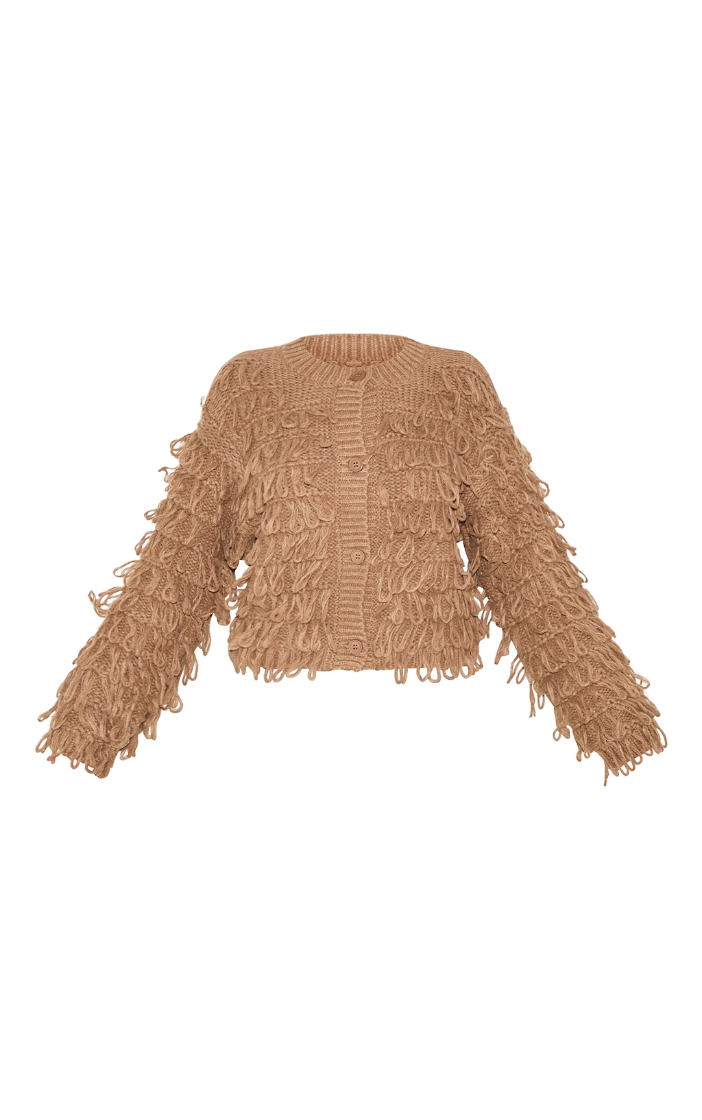 Taupe Loop Knit Crew Neck Button Up Cardigan | Knitwear | PLT