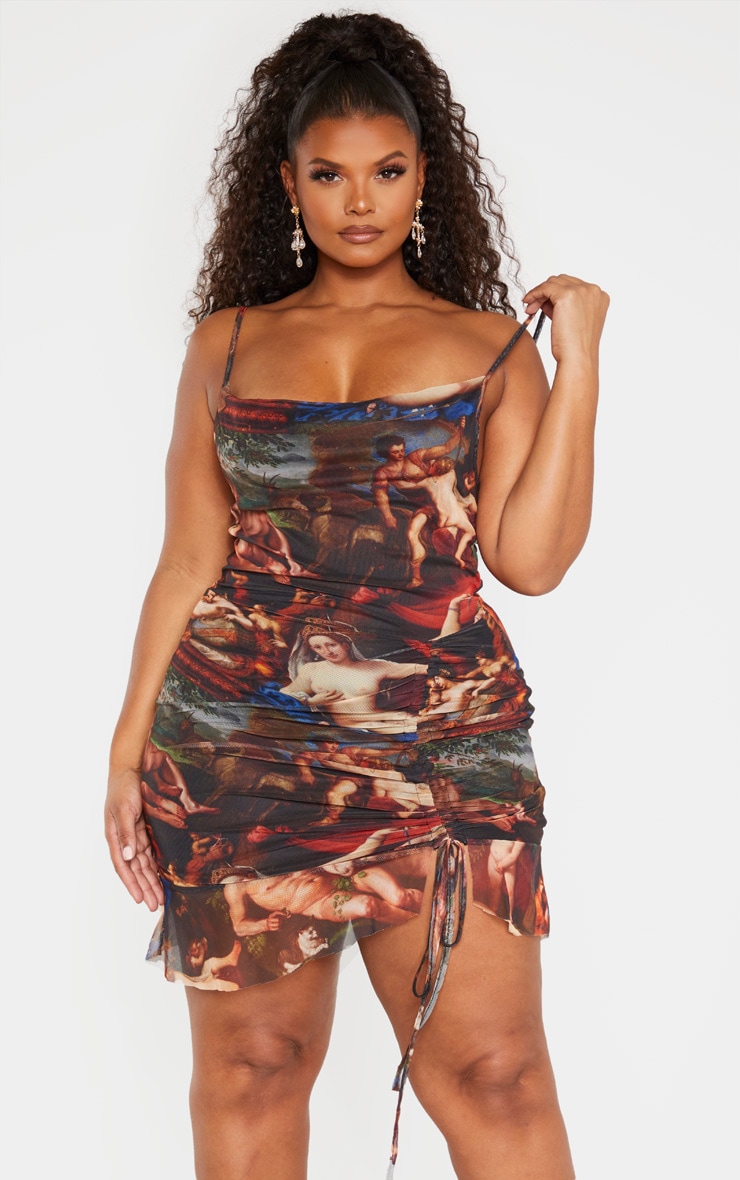 Plus Multi Renaissance Print Ruched Bodycon Dress | Plus Size | PLT