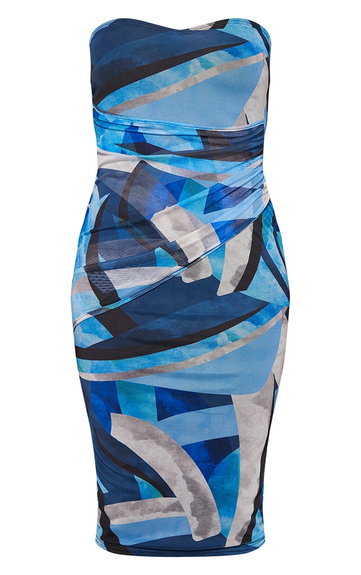 Blue Abstract Print Mesh Bandeau Drape Midi Dress | Dresses ...