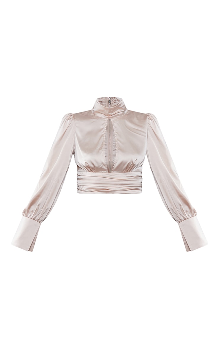 Stone Satin High Neck Keyhole Detail Floaty Blouse | PrettyLittleThing