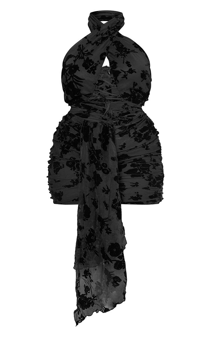 Plus Black Devore Lace Up Drape Bodycon Dress | PrettyLittleThing USA