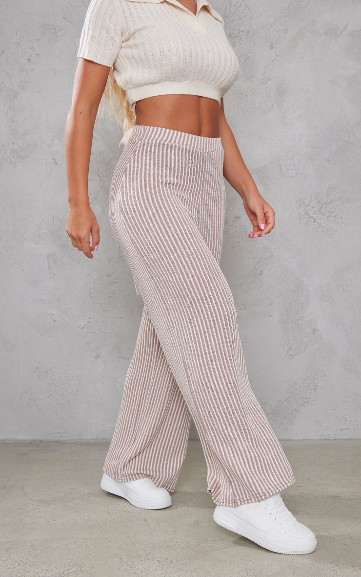 Brown Textured Jersey Striped Floaty Trousers | PrettyLittleThing AUS