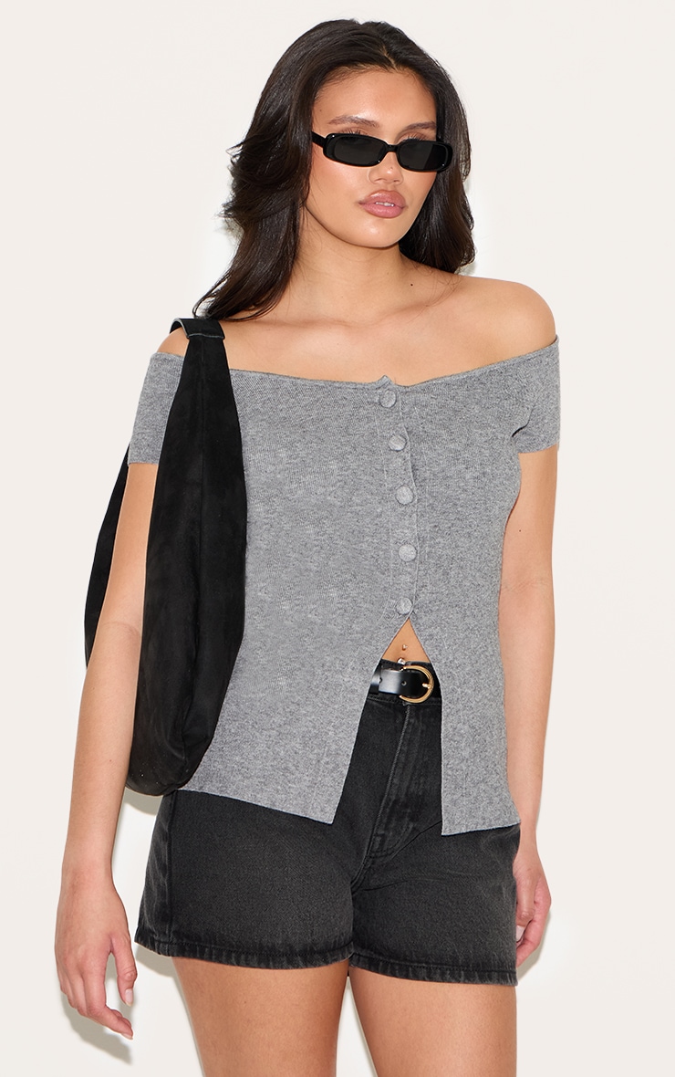 Ash Grey Rib Knit Button Up Bardot Split Hem Top | Knitwear | PLT