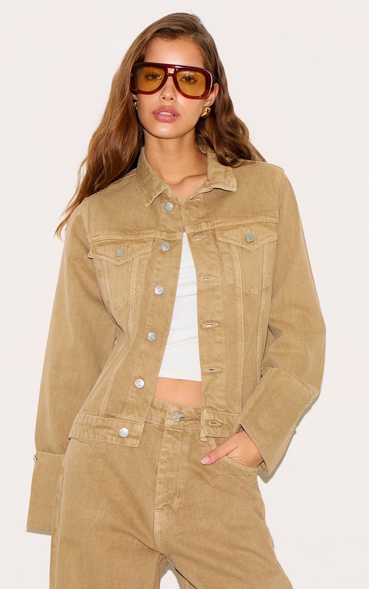 Khaki Turn Up Cuff Cinched Back Denim Jacket | Denim | PLT
